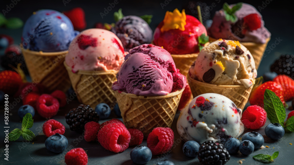 Cornets de glace et sorbets au parfum fruits rouges , fruits des bois ...