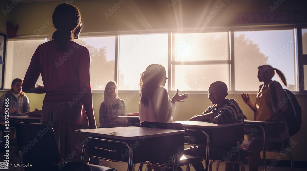 cinematic lights silhouette of teacher interacting with in a classroom ...