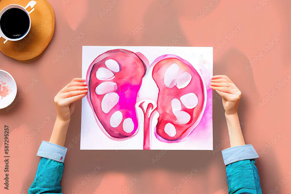 Kidney health concept. top view banner, watercolor oil painting effect ...