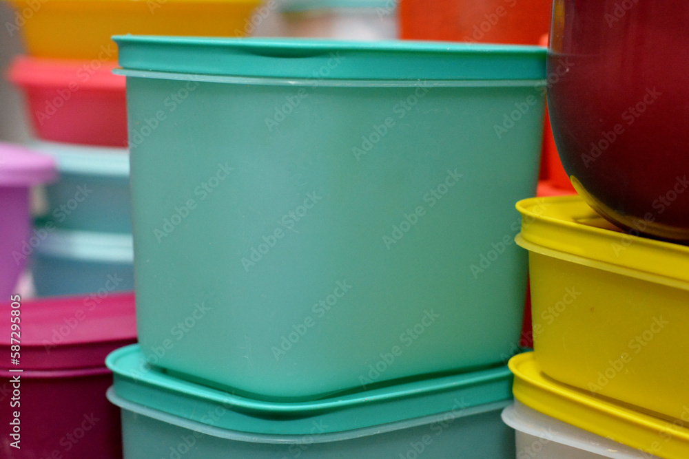 Cairo, Egypt, February 4 2021: pile of several and many Tupperware ...