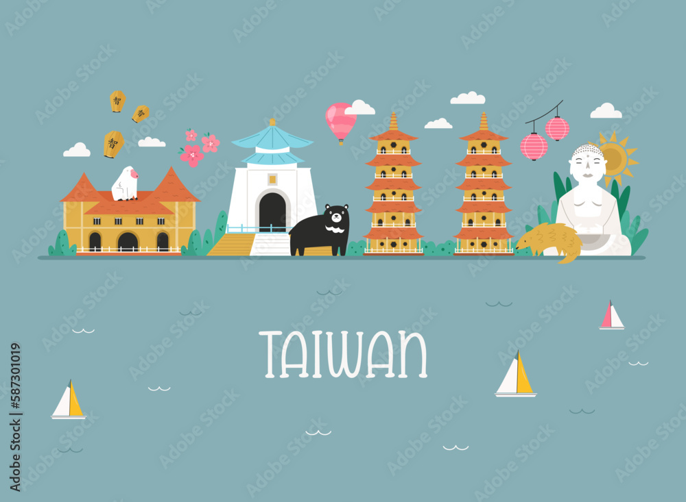 Vector colorful design, banner, card with icons, famous symbols of ...