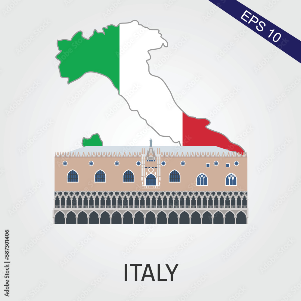 Illustrated map of Europe continent with famous landmarks and buildings ...