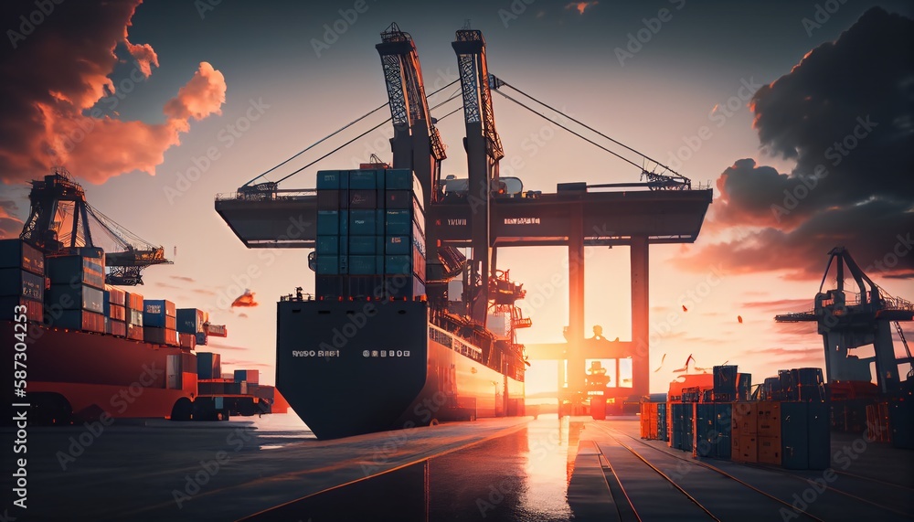 crane loading cargo container import container ship in international ...