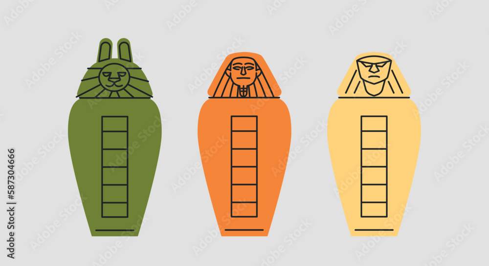 Collection of egyptian coffins. Green, orange and beige tombs for ...