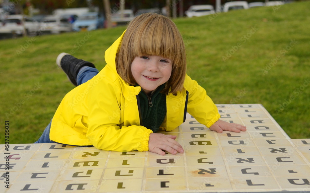 Little boy looks up the Hebrew alphabet. Learning with play. Hebrew ...