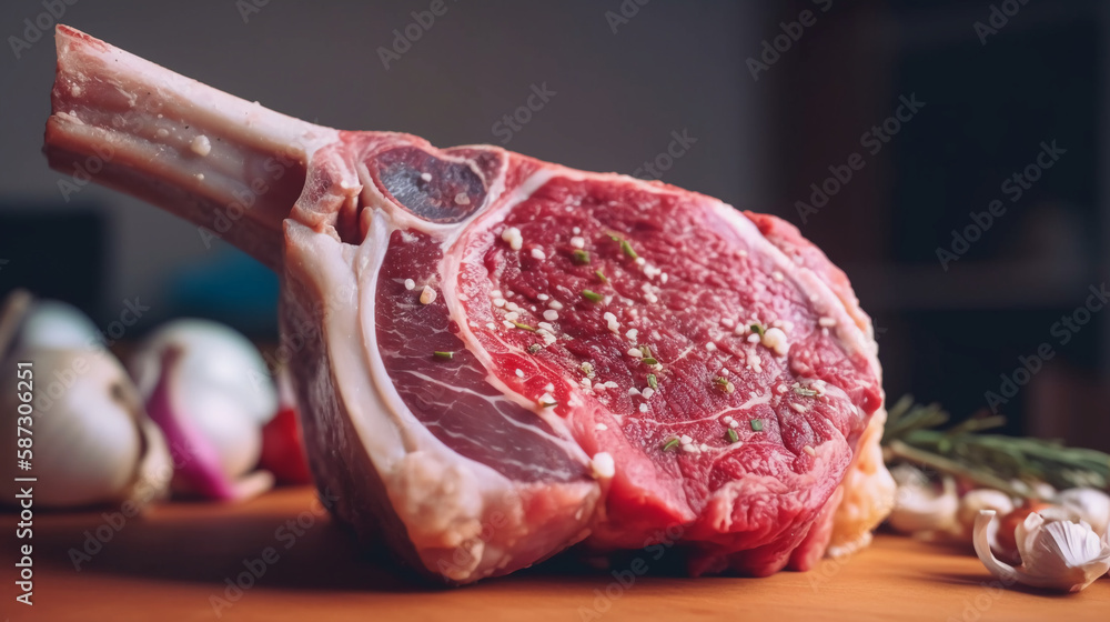 Tomahawk steak, a ribeye steak with a long bone attached, resembling a ...