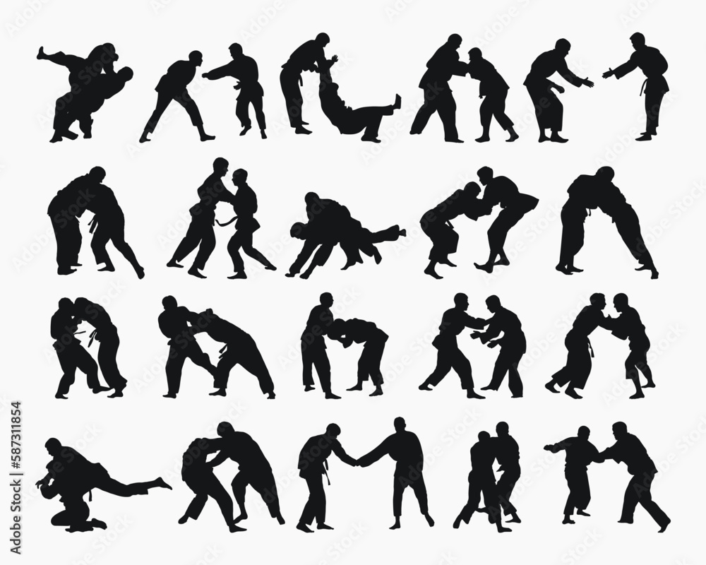 Vetor de Vector set 20 silhouettes judoist, judoka, fighter in a duel ...
