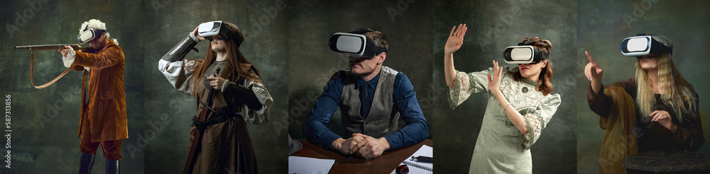 People in vintage costumes of different eras posing with VR glasses ...