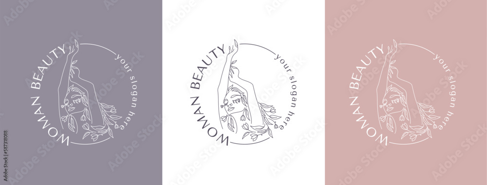 Logo Woman face with flowers. Woman vector lineart illustration ...
