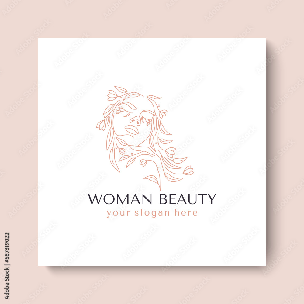 Logo Woman face with flowers. Woman vector lineart illustration ...