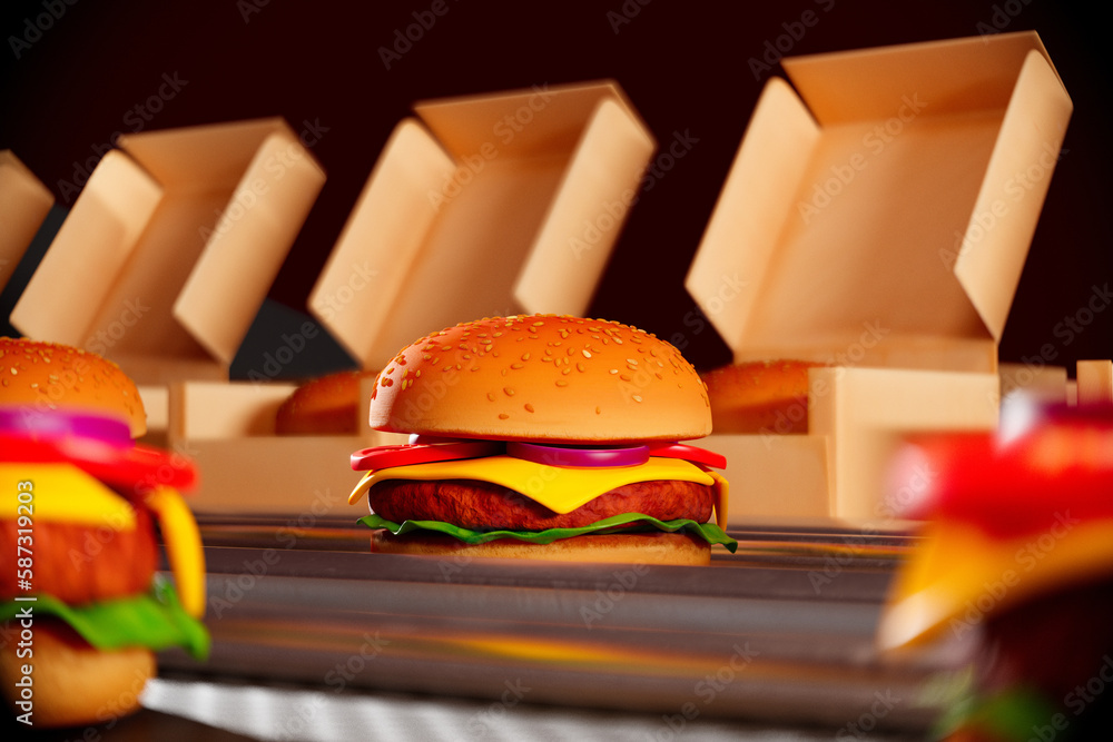 Hamburgers factory. Many sandwiches on a production line. Automated ...