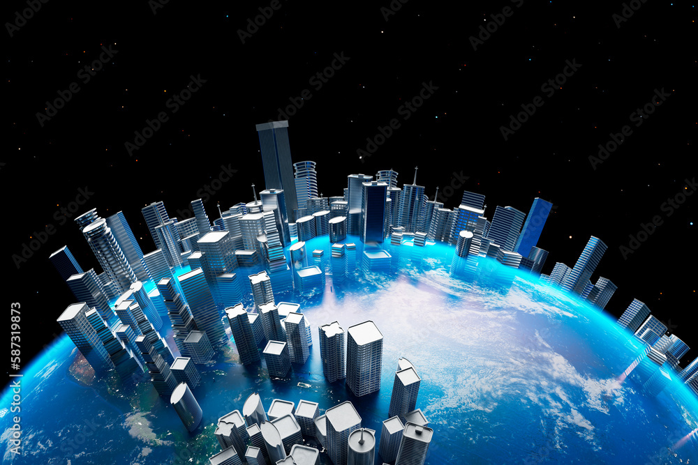 Earth with tall buildings on its surface. A planet covered by ...