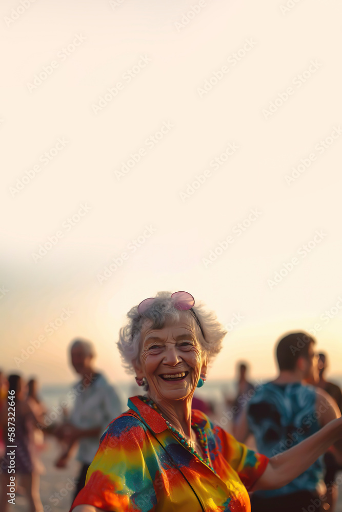 Elderly lady dancing at the pride event. summer, gay, lesbian, people ...