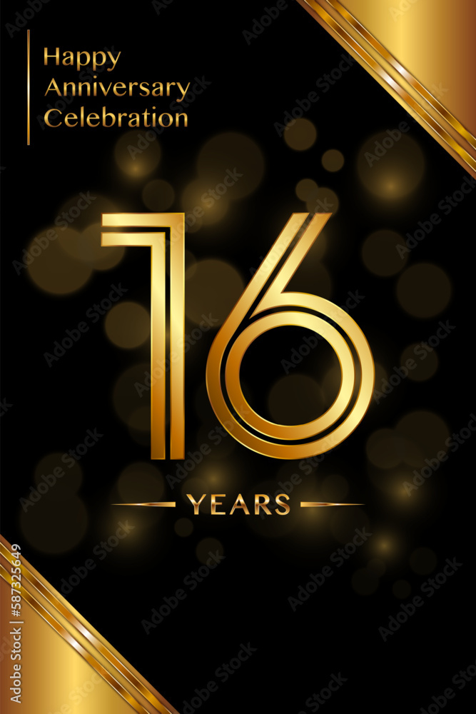 16th Anniversary template design with double line numbers. Golden ...
