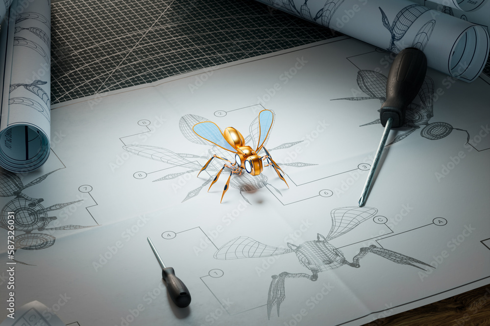 Assembled golden artificial bee robot standing on its blueprint ...