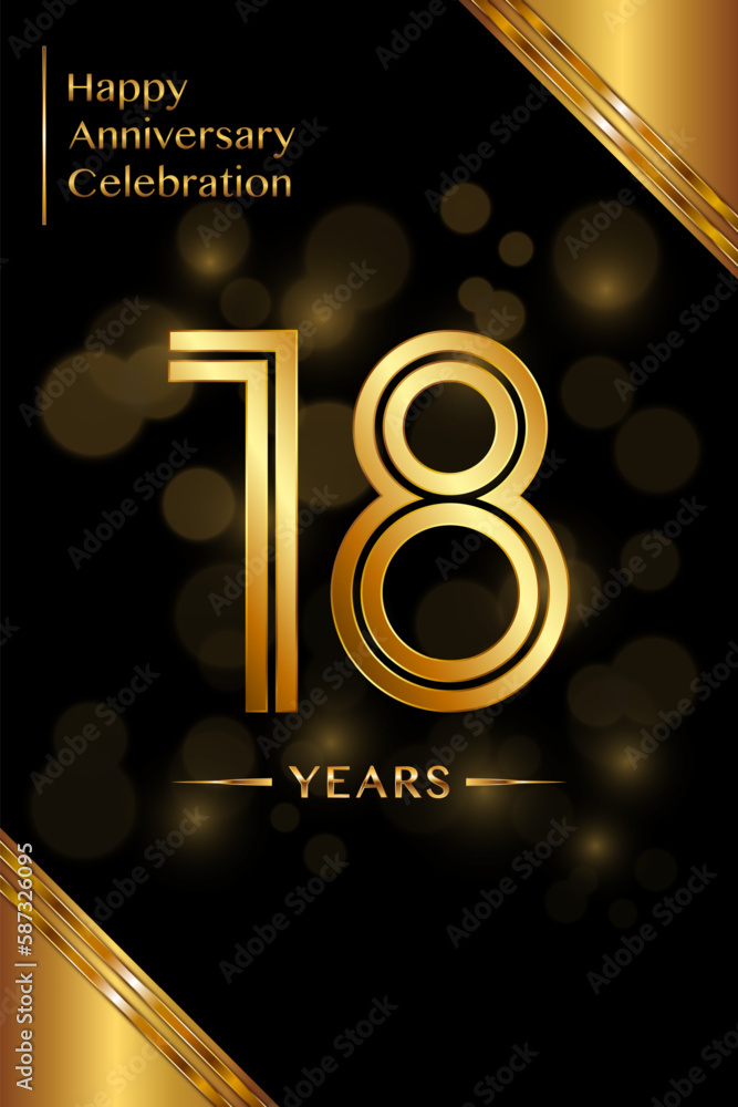18th Anniversary template design with double line numbers. Golden ...