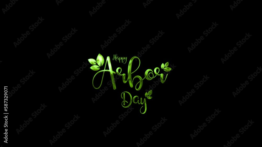 Arbor Day handwritten animated text in green color with leaf ornament ...