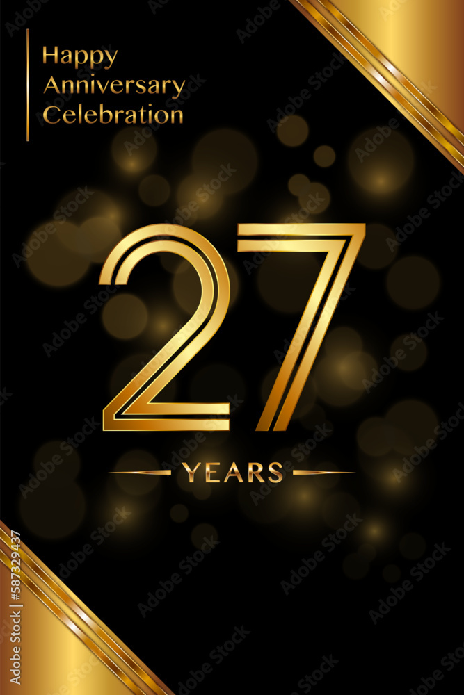 27th Anniversary template design with double line numbers. Golden ...
