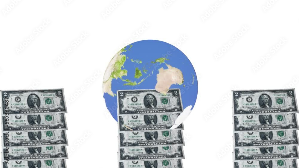 earth continents rotation front of money dollars background with ...