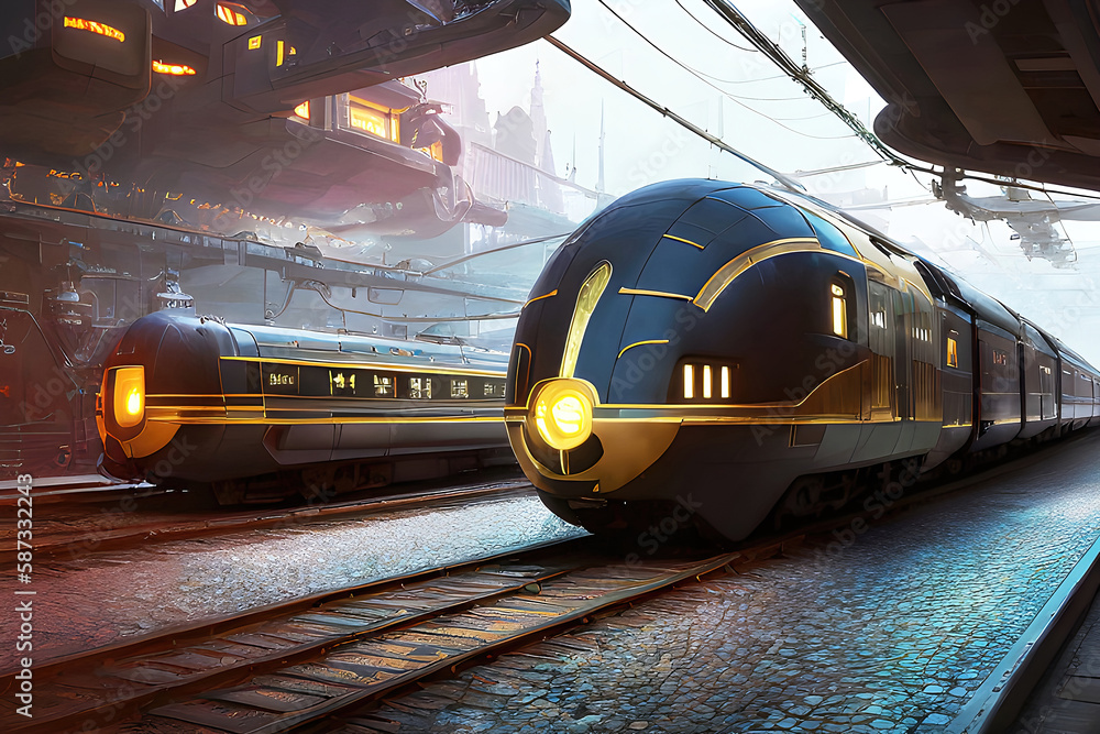 High speed train at station and futuristic cityscape sci fi background ...
