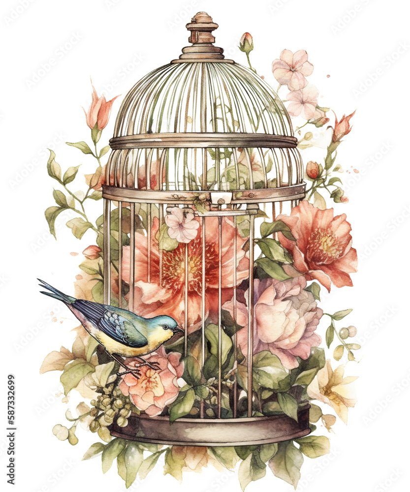 Birdcage With Flowers Drawing