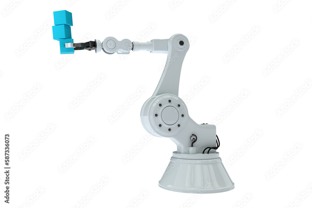 Illustration of robotic arm holding stack of blue boxes Stock Photo ...