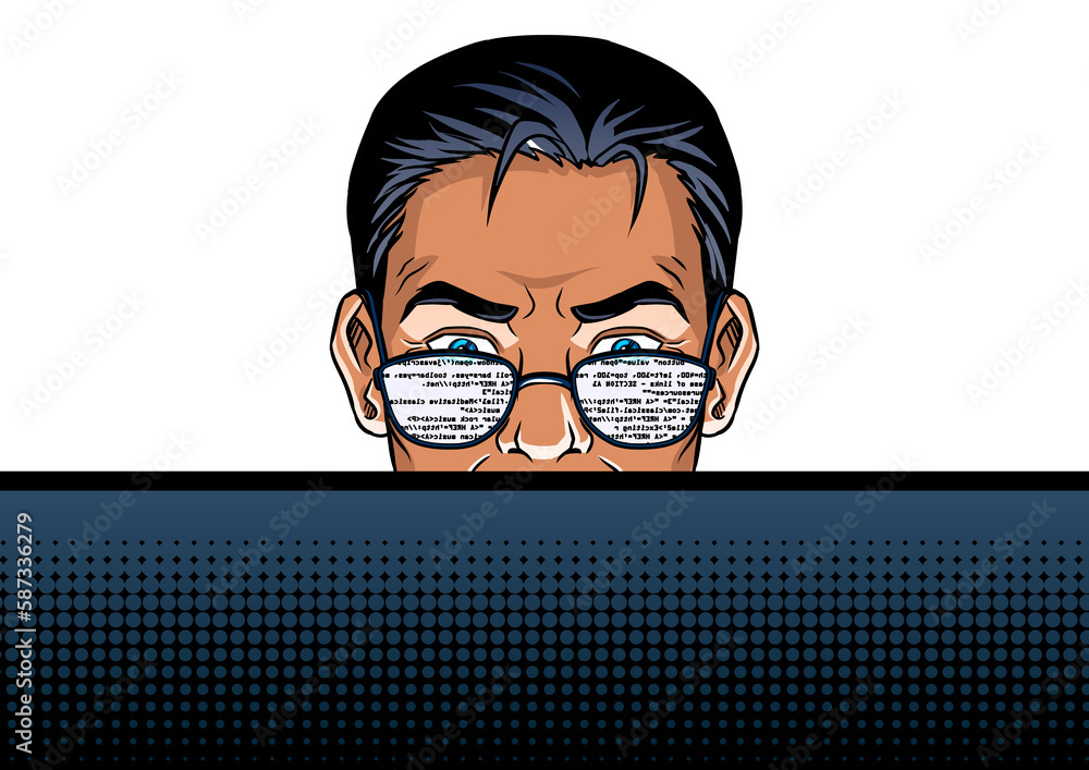 Software developer at work comic book style PNG illustration with ... Software developer at work comic book style PNG illustration with ...