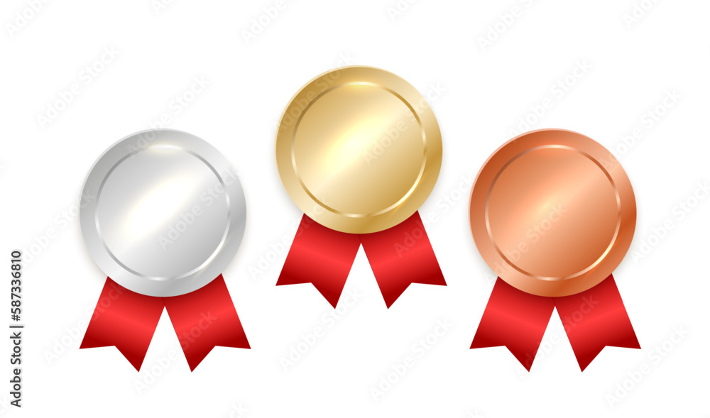 Blank medals. Empty gold silver bronze medal set. Vector metal winner ...
