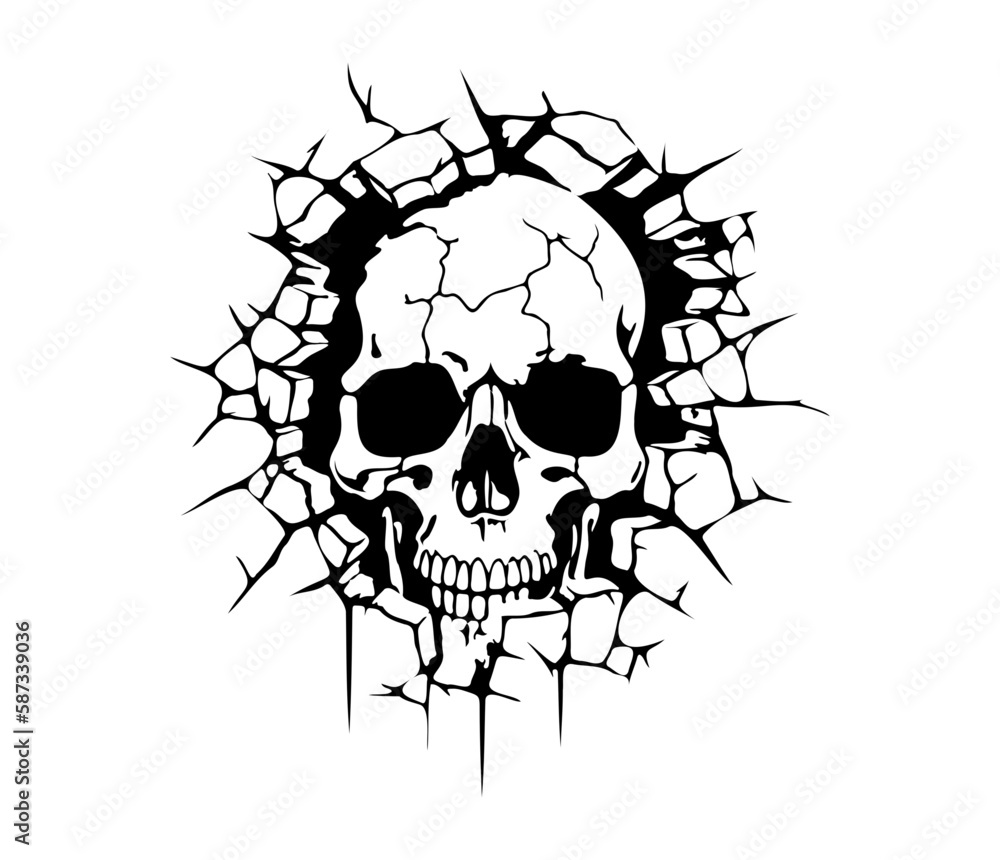Skull tearing out of the wall. Skeleton breaking through wall. Human ...