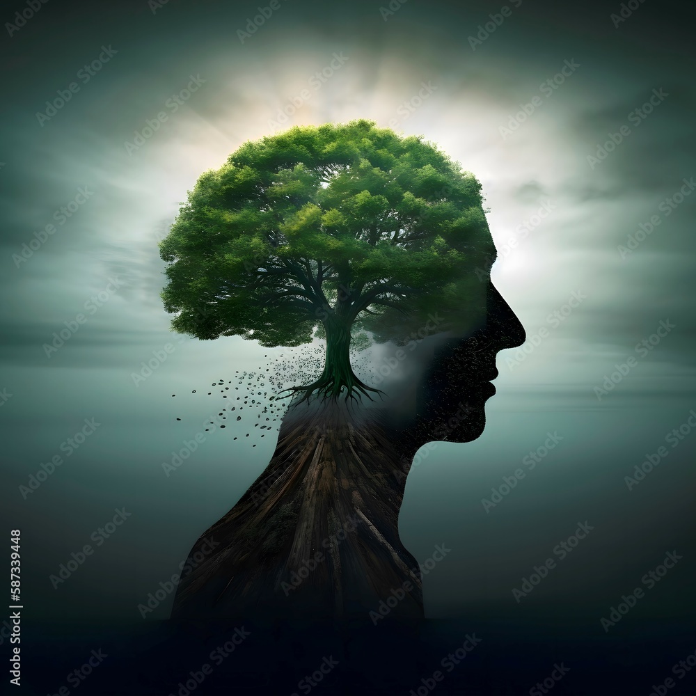 Tree brain with human head cape, idea concept of thinking hope freedom ...