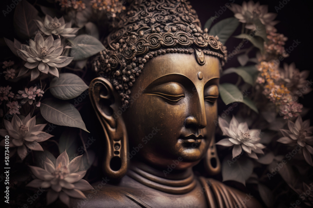 Generative AI illustration of ancient stone sculpture of Buddha with ...