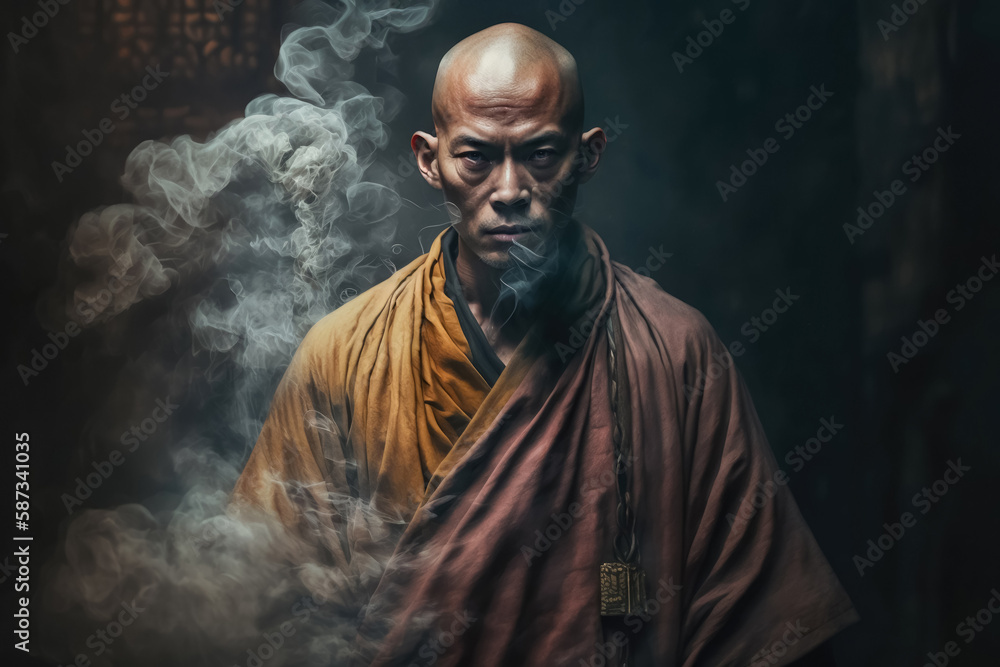 Generative AI image of ethnic male monk in brown religious robe with ...