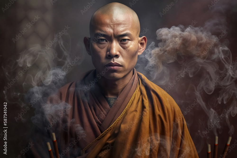 Generative AI image of ethnic male monk in brown religious robe with ...