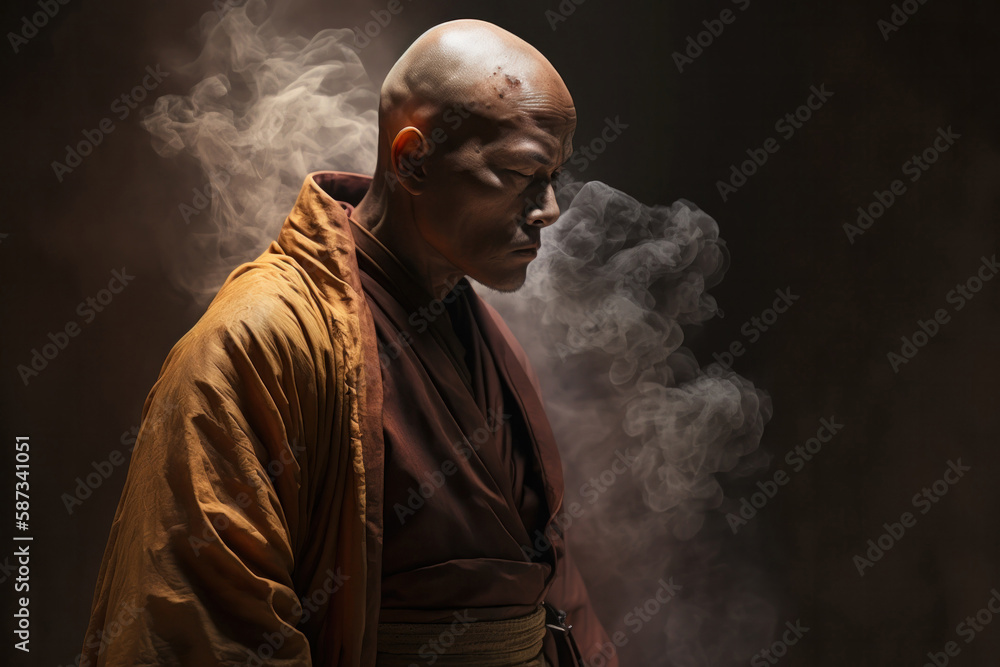 Generative AI image with side view of ethnic male monk in brown ...