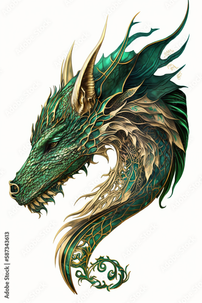 Emerald green dragon with golden scales and spikes on head, AI ...