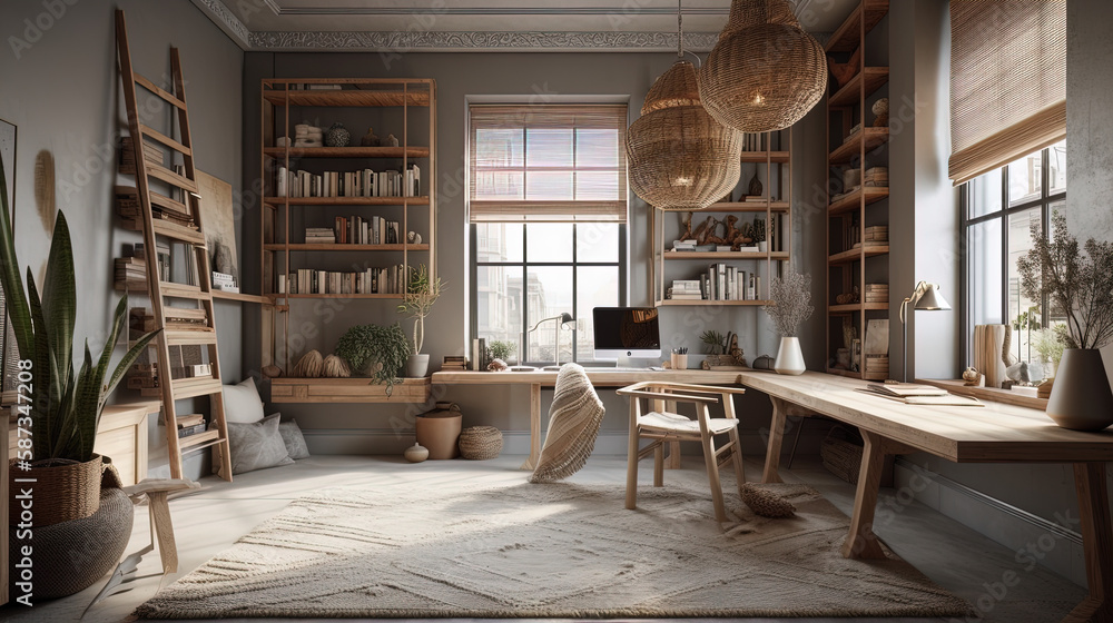 This 3D-rendered nomadic boho-inspired library features a rustic decor ...
