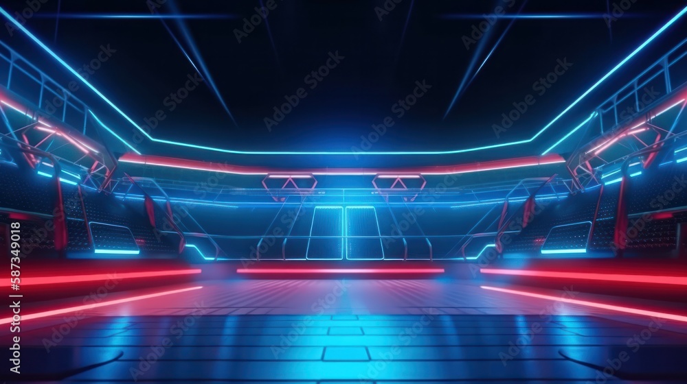 Empty red and blue neon light stadium background for E-sport game ...
