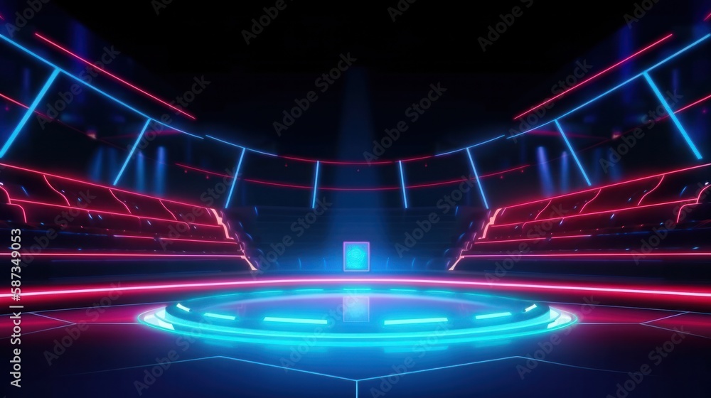 Empty red and blue neon light stadium background for E-sport game ...