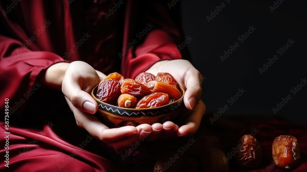 Muslim girl holding bowl of dates. Traditional distribution of food ...