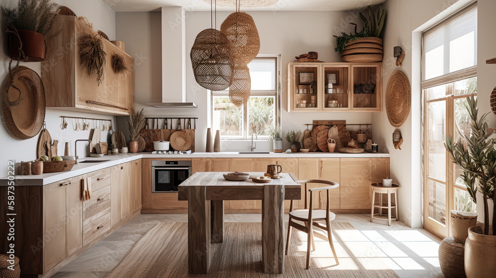 The nomadic boho-inspired kitchen features a rustic decor and a mockup ...
