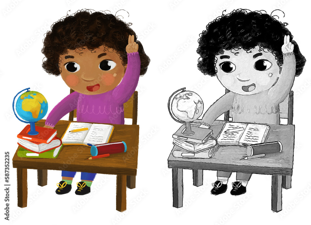 cartoon child kid girl pupil going to school learning reading by the ...