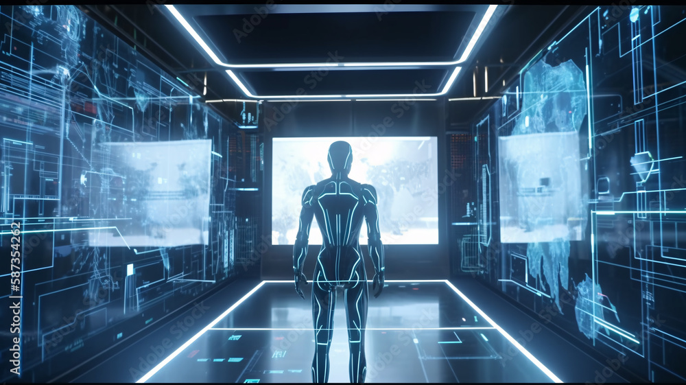 Cyber-suited man stands in futuristic lab with holographic suit in Tron ...