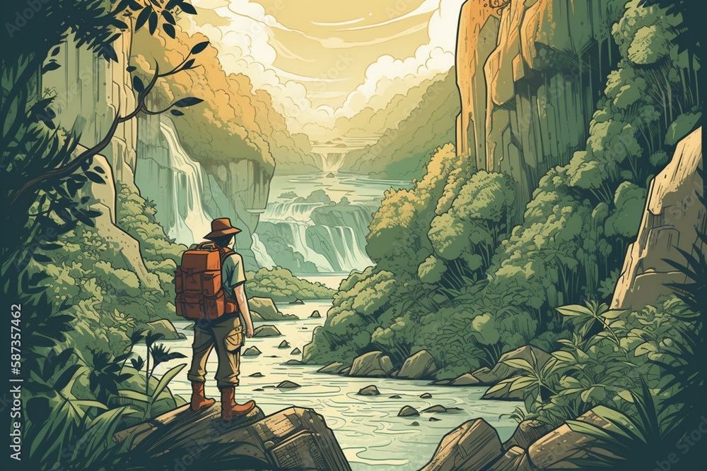 An illustration of a traveler on a journey through nature, with a focus ...