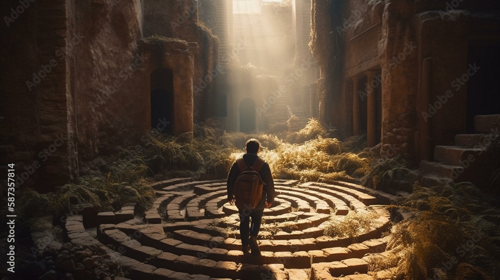 A traveler wandering through a mysterious, winding maze of ancient ...