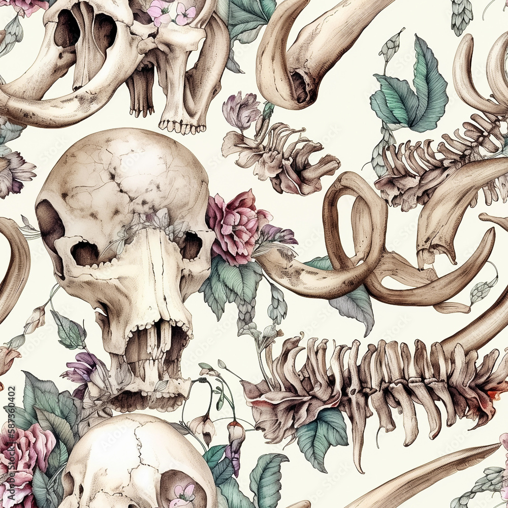 Whimsical seamles pattern with bones, skulls and roses flowers ...