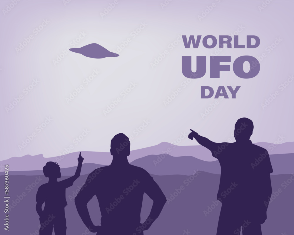 World ufo Day poster.Vector illustration with a flying ufo in sky and ...