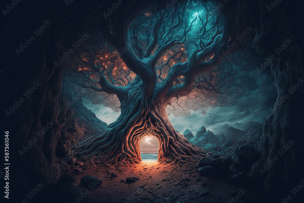 Sacred fantasy tree of life with afterlife portal gate leading to ...