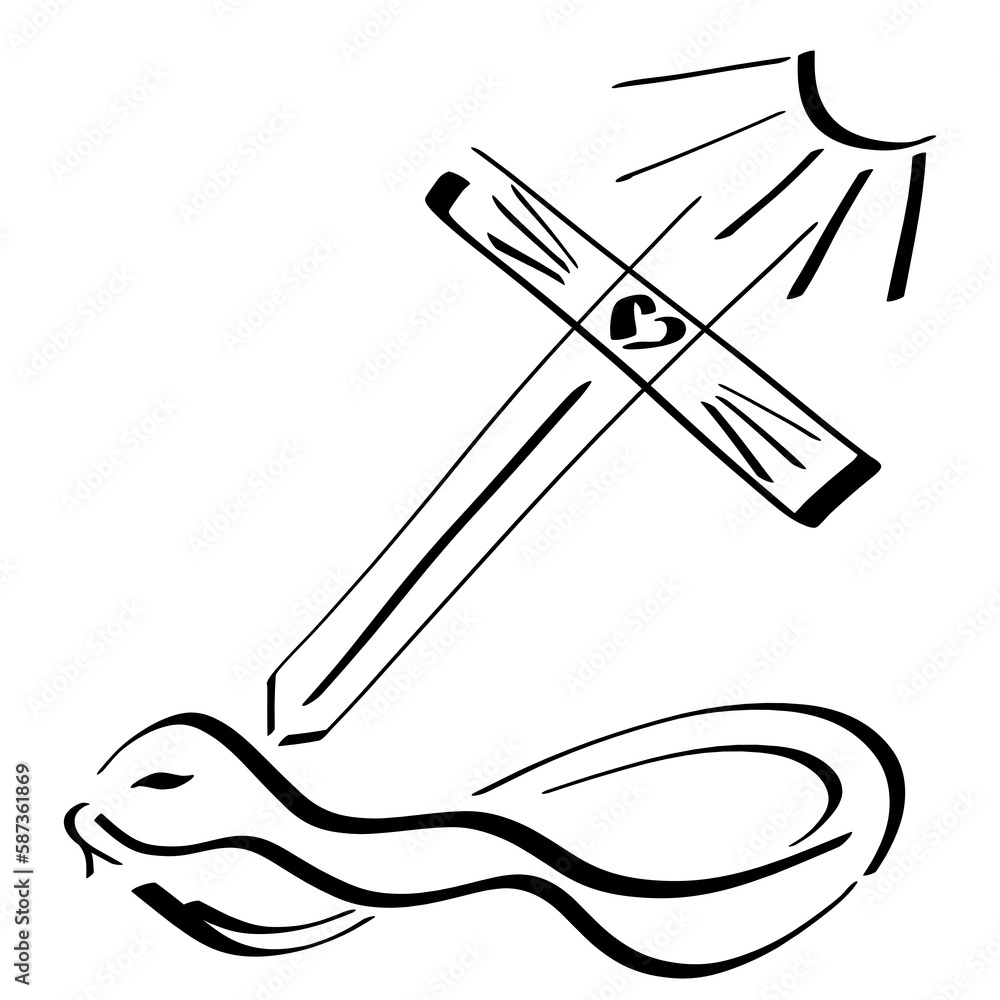 cross strikes the snake in the head like a shining sword, black outline ...