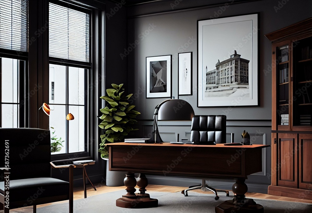 Front view of a sunlit CEO office with wooden furniture, large ...