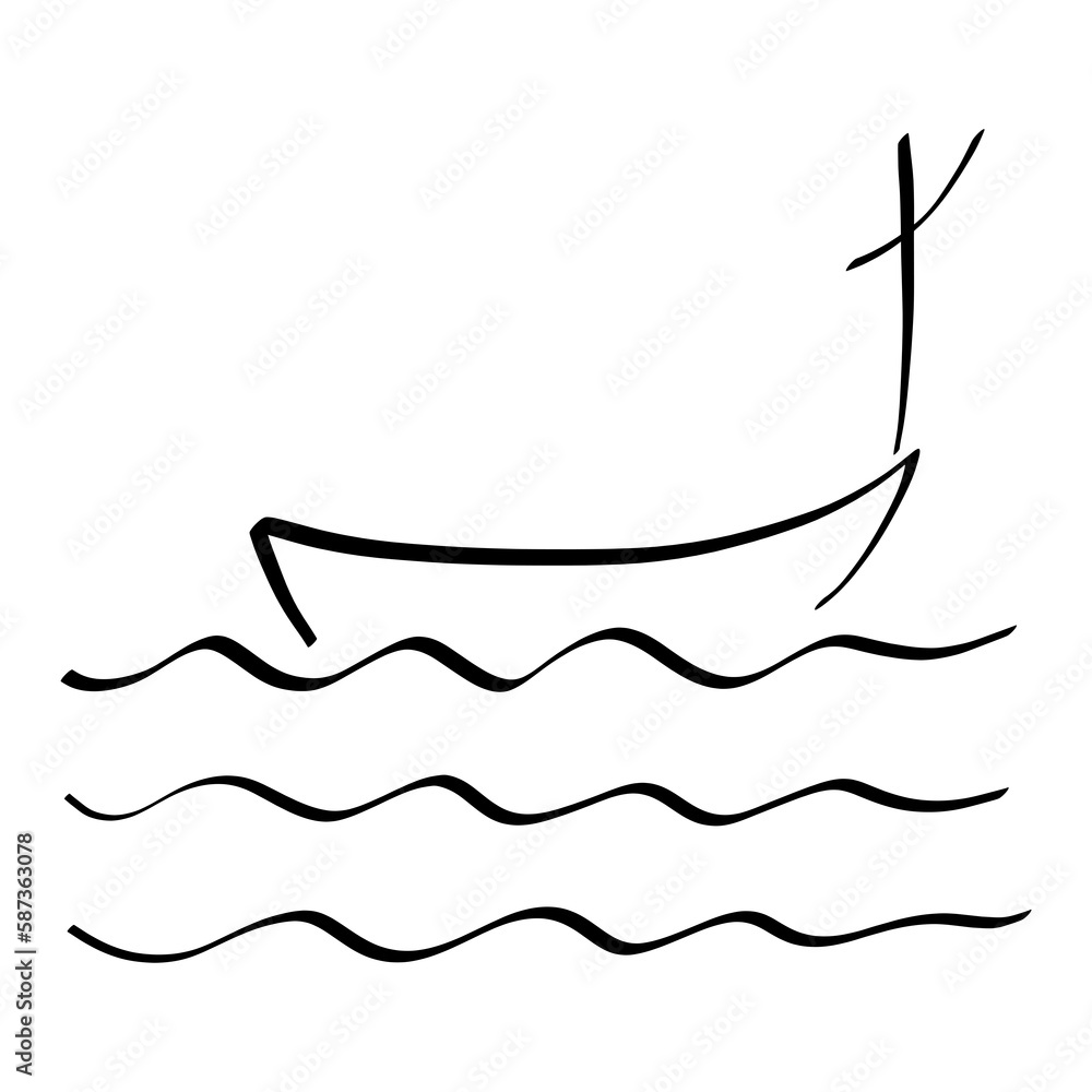 boat with a cross floats on the waves, christian symbol, black outline ...